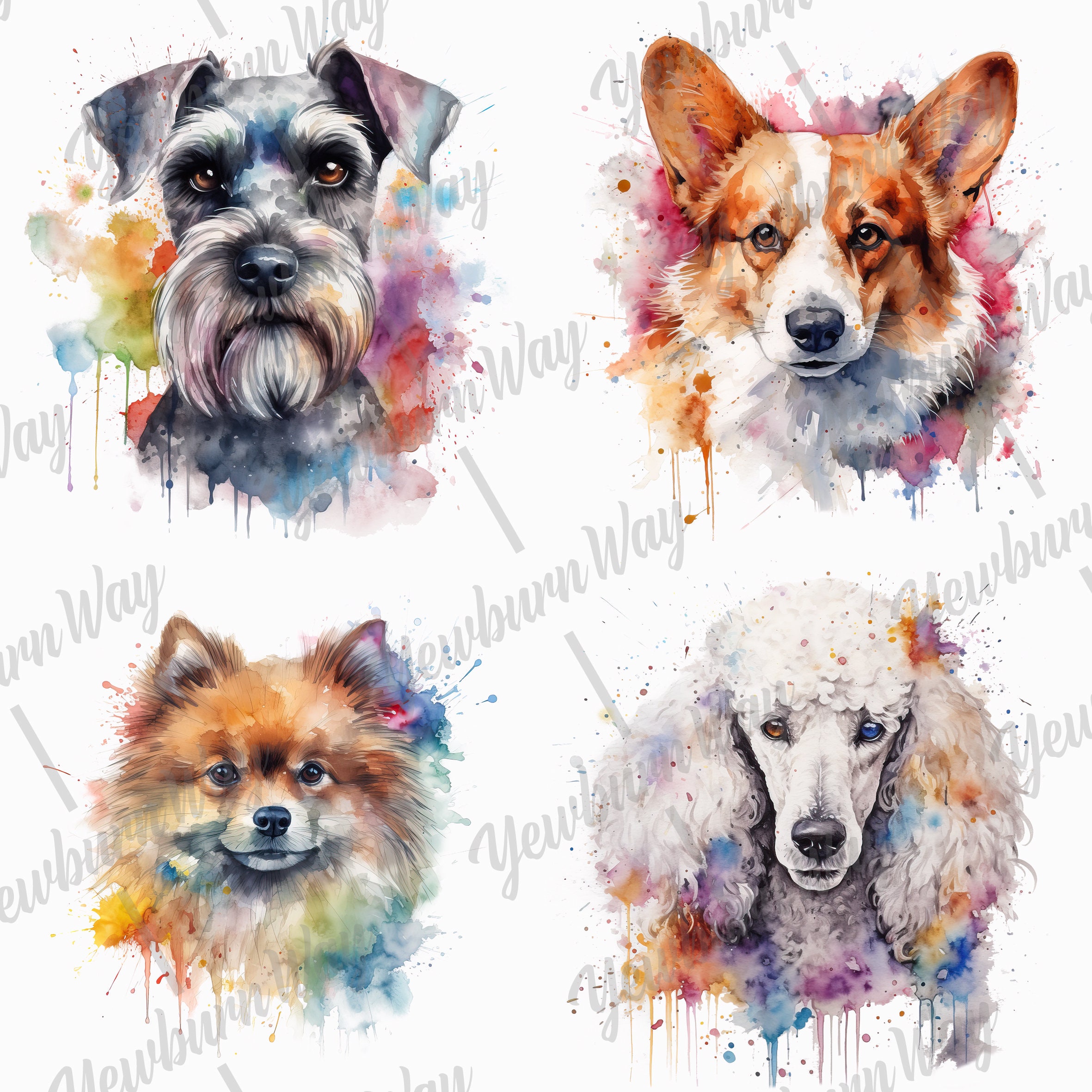Digital Download Set, Printable Dog Art, Watercolour Dog Drawings for ...