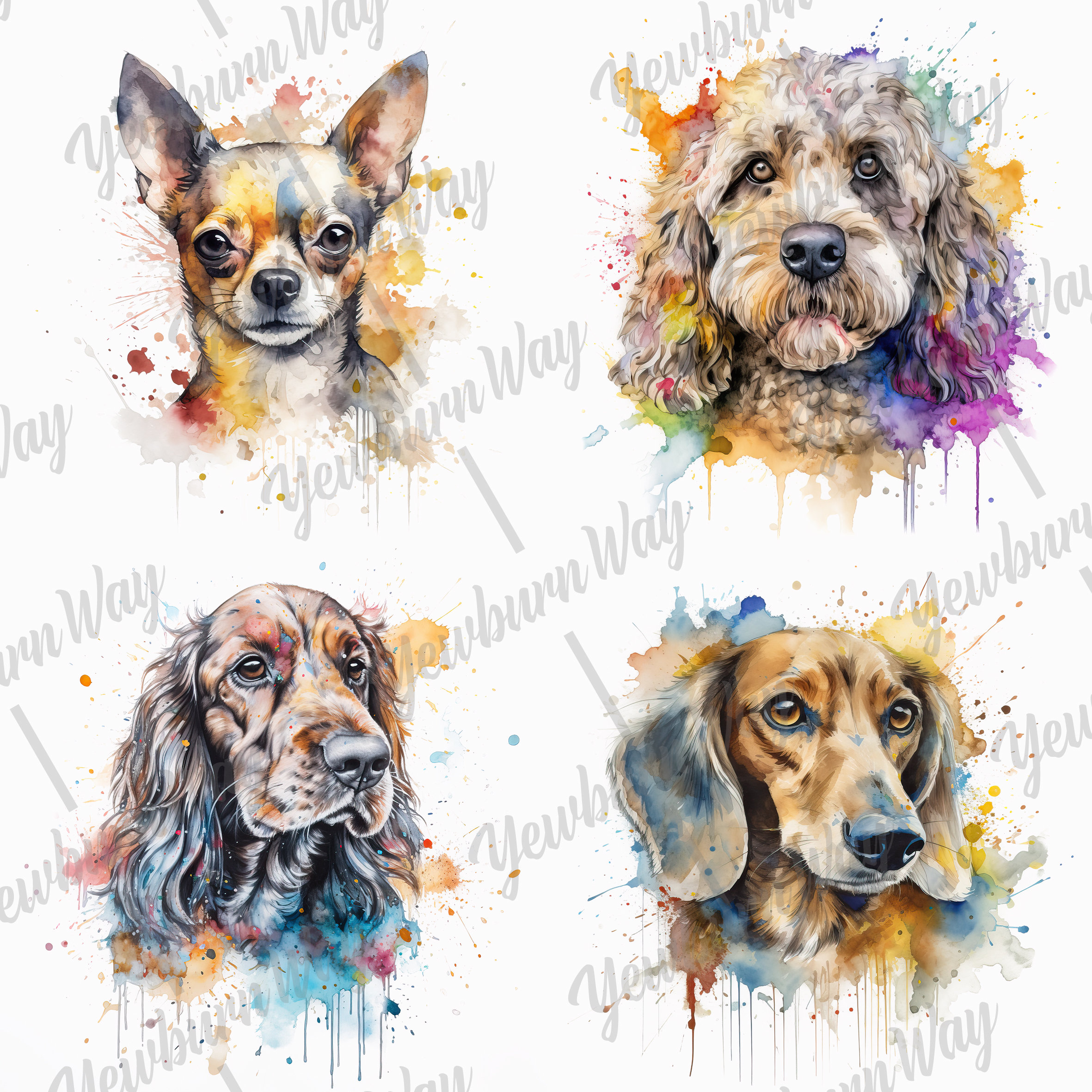Digital Download Set, Printable Dog Art, Watercolour Dog Drawings for ...