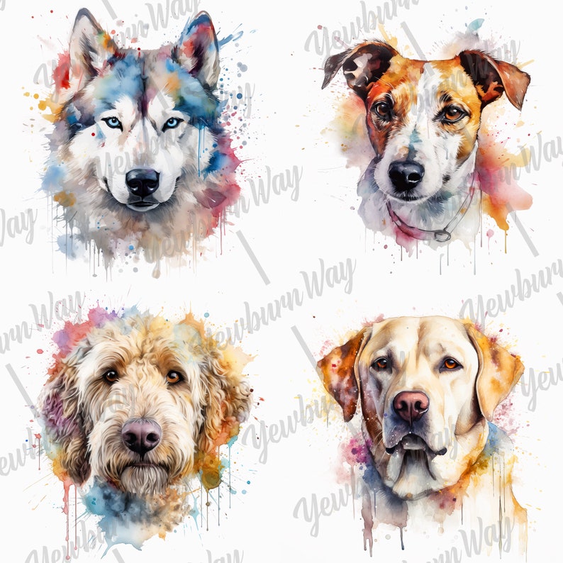 Digital Download Set, Printable Dog Art, Watercolour Dog Drawings for ...