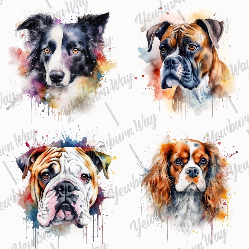 Digital Download Set, Printable Dog Art, Watercolour Dog Drawings for ...