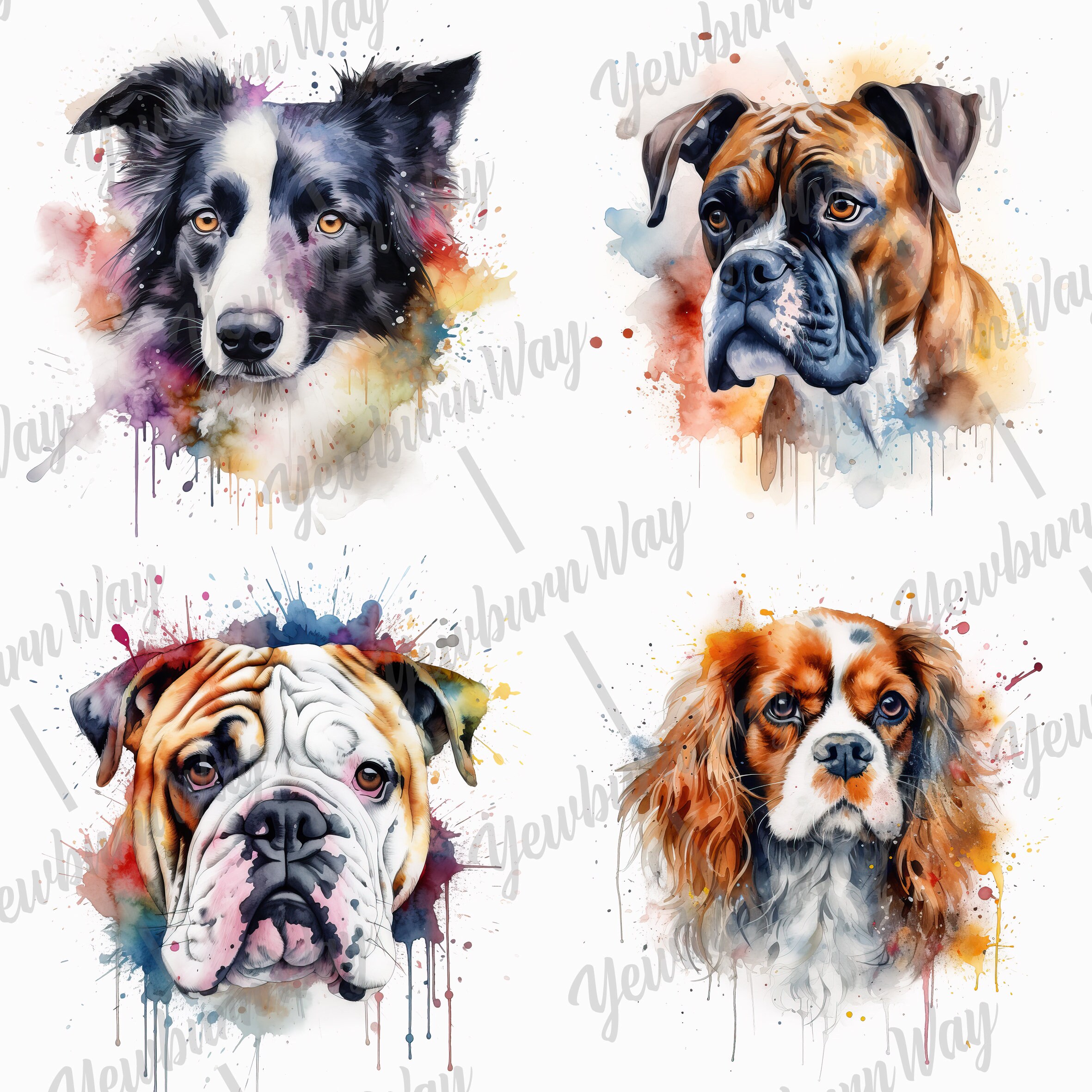 Digital Download Set, Printable Dog Art, Watercolour Dog Drawings for ...
