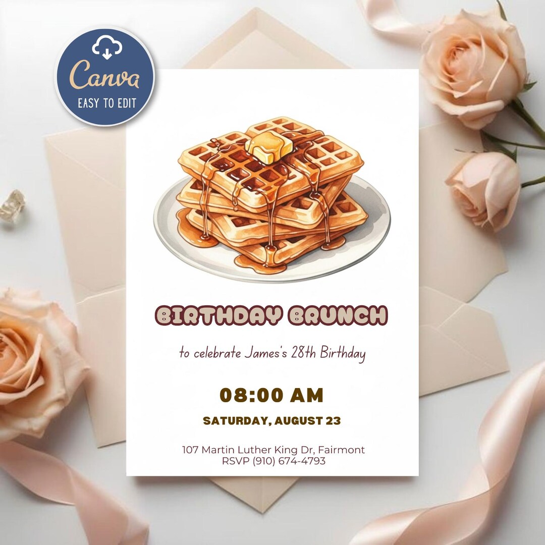 Editable Waffle Birthday Brunch Invitation, Adult Birthday Party, Canva ...