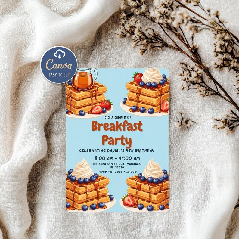 Editable Waffle Birthday Invitation, Kids Breakfast Party Template ...
