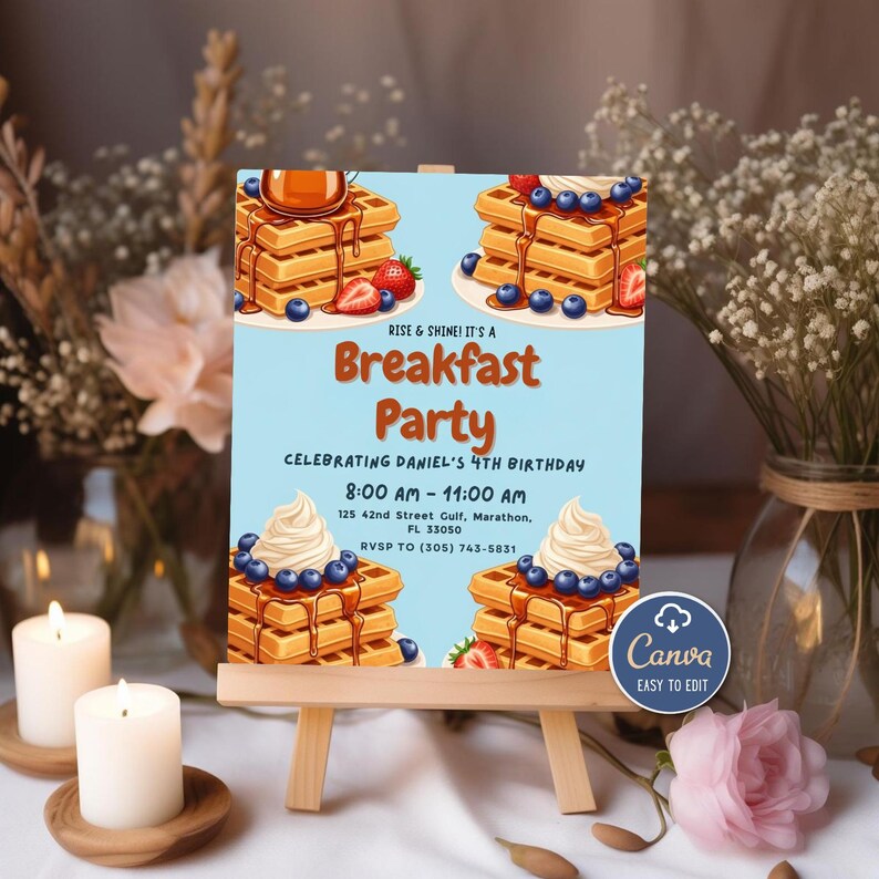Editable Waffle Birthday Invitation, Kids Breakfast Party Template ...