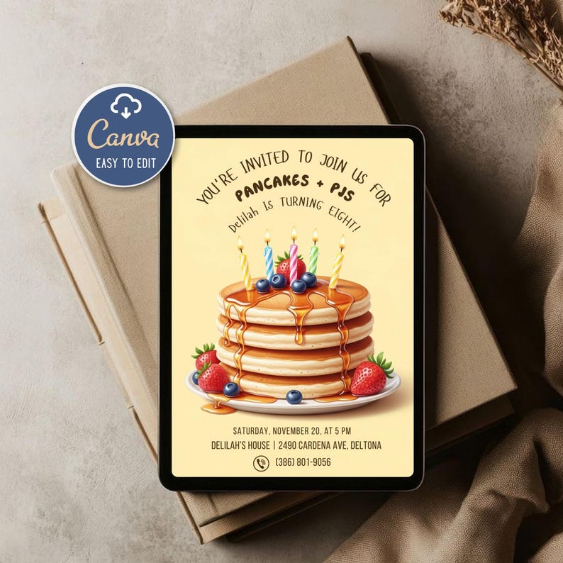 Editable Pancakes & Pajamas Birthday Invitation, Kids Sleepover Party ...