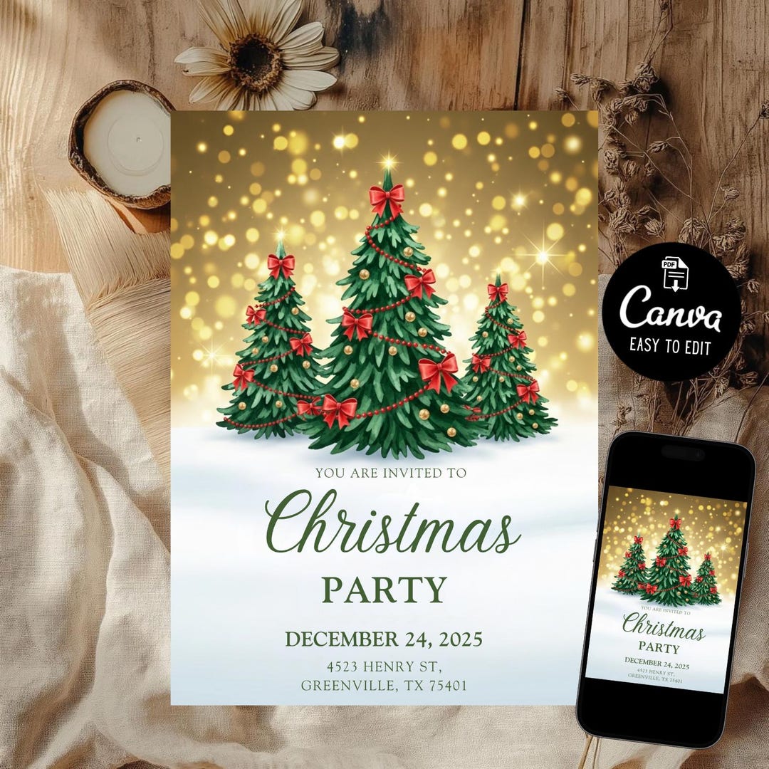 Editable Christmas Party Invitation | Red & Gold Christmas Tree Invite ...