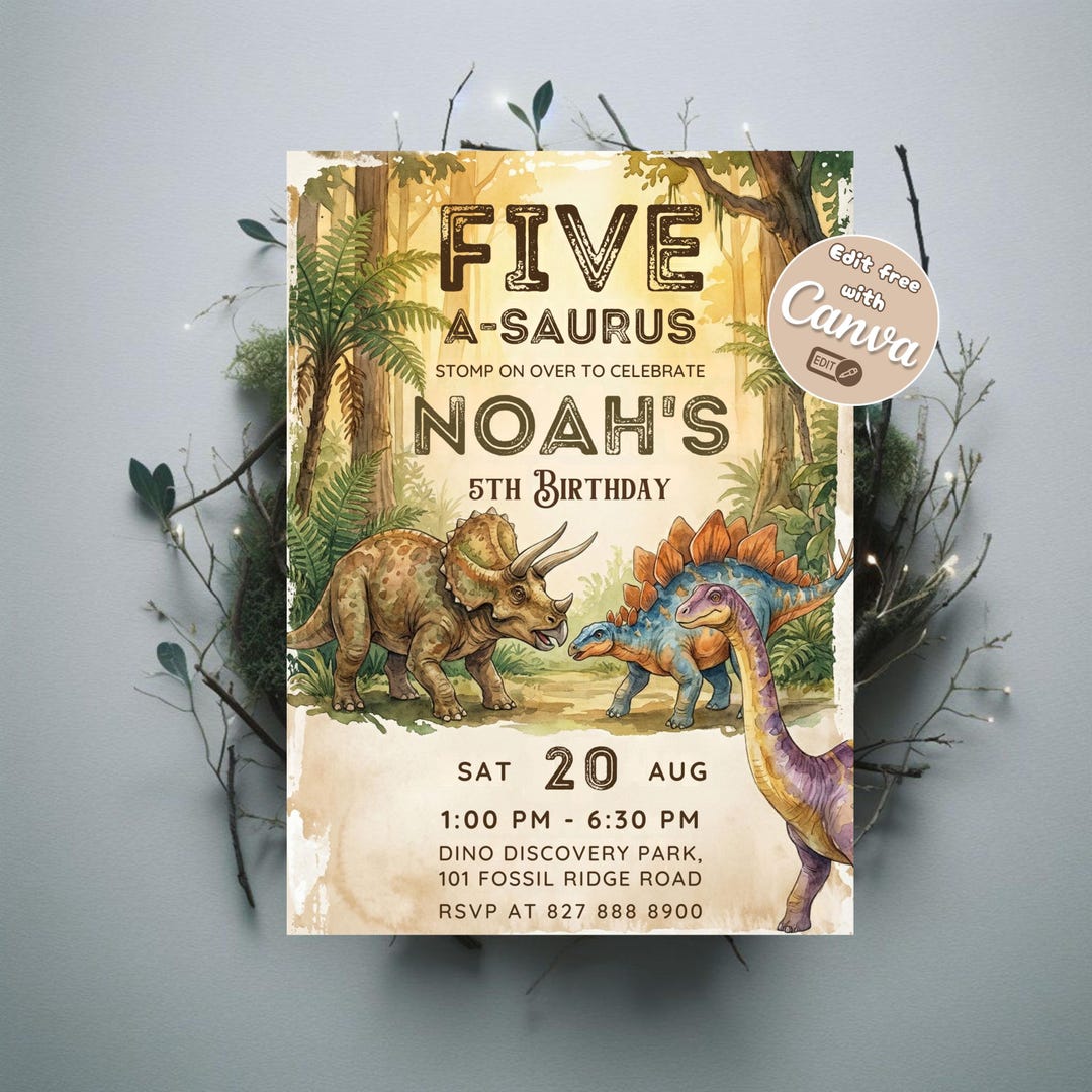 Dinosaur 5th Birthday Invitation Editable, Five A Saurus Dino Party ...