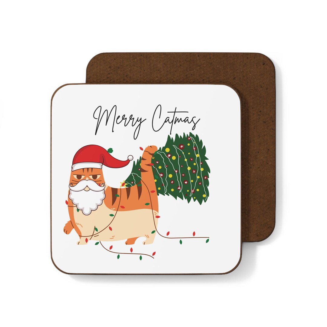 Catmas Coaster, Christmas Cat Gift, Holiday Drink Holder, Festive Kitty ...