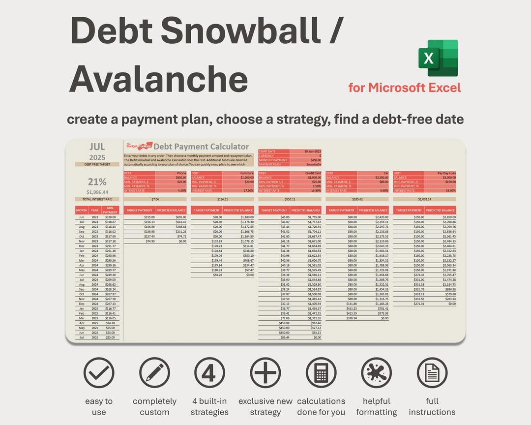 Debt Snowball and Avalanche Calculator Spreadsheet for Microsoft Excel ...