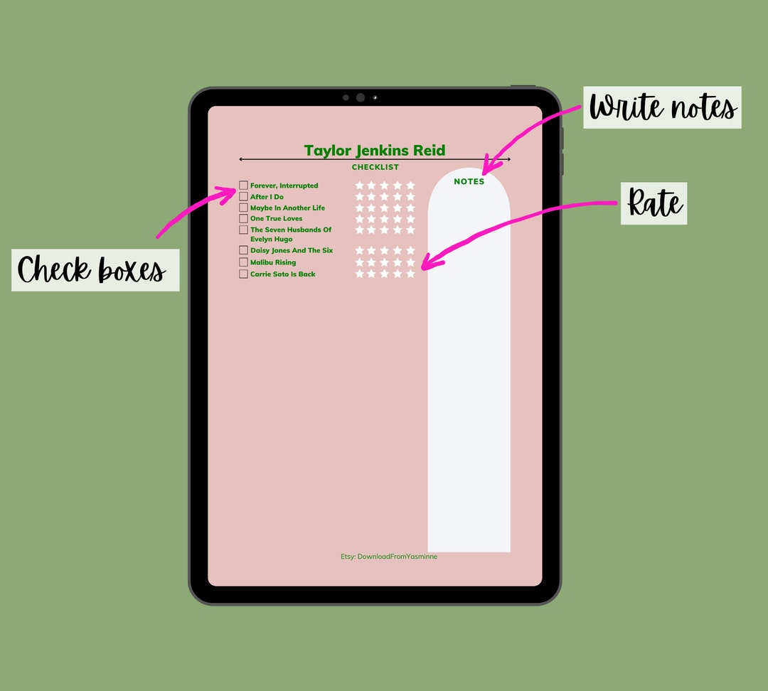 Taylor Jenkins Reid Digital Printable A4 Author Reading Checklist ...