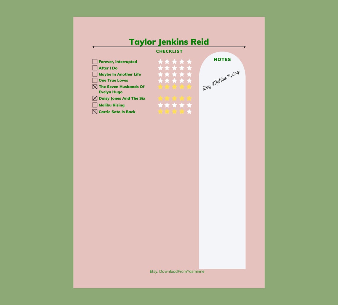 Taylor Jenkins Reid Digital Printable A4 Author Reading Checklist ...