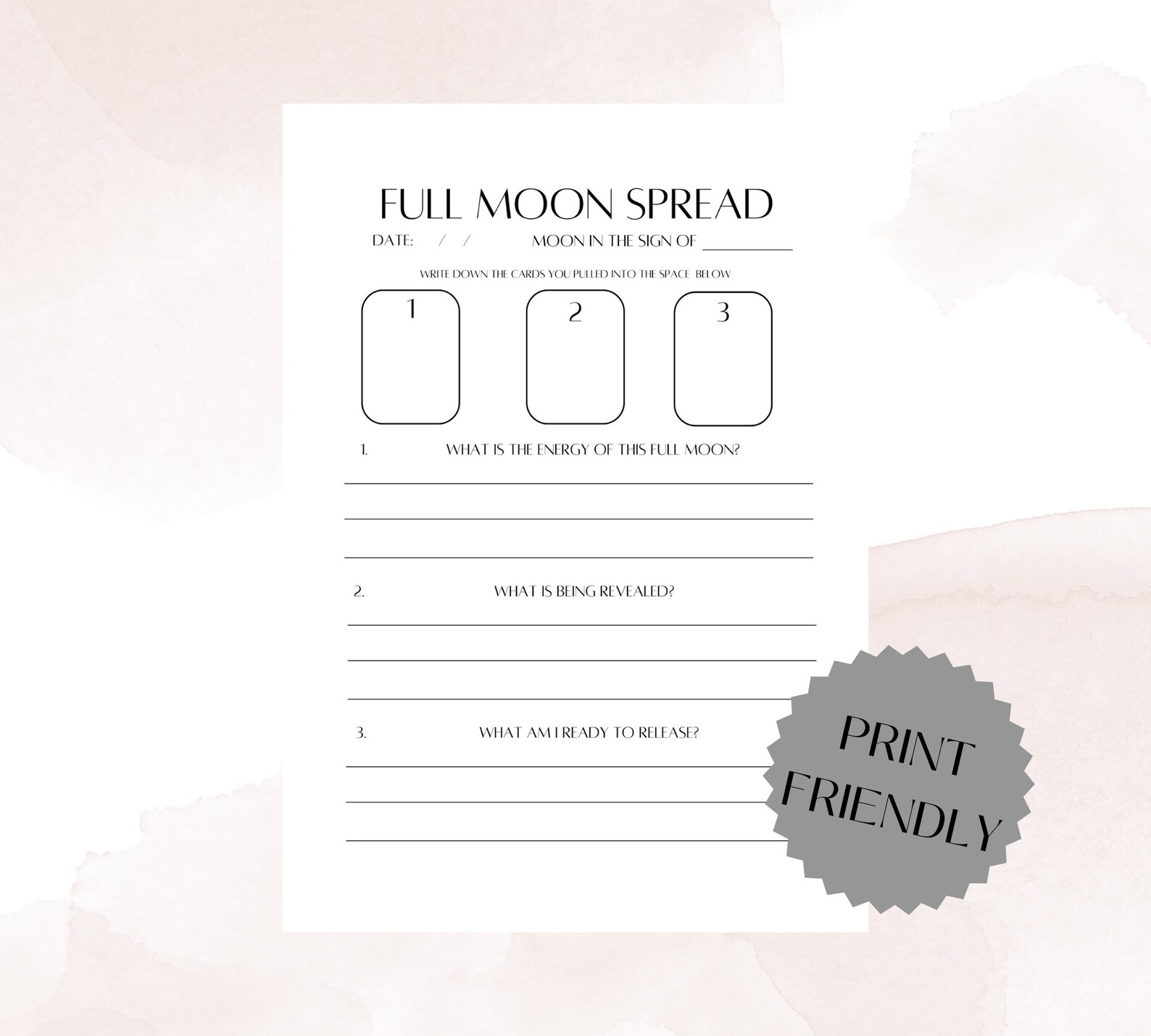 3 Card Full Moon Tarot Card Spread Worksheet Download and Print ...