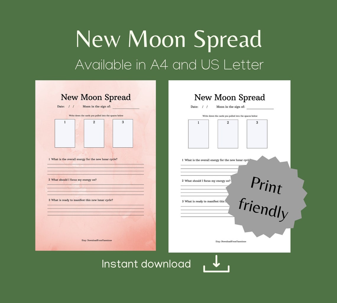 3 Card New Moon Tarot Card Spread Worksheet Available in A4 and US ...