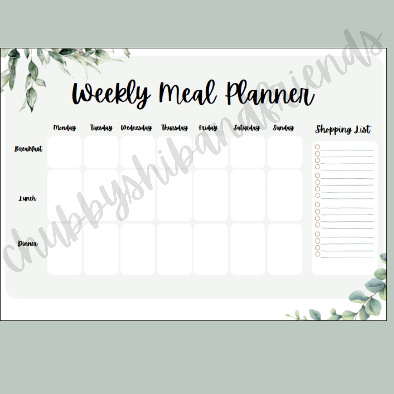 Eucalyptus Weekly Meal Planner: Printable A5 Shopping List (digital ...
