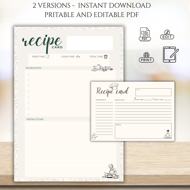 Editable Vintage Recipe Card Template Portrait & Landscape (PDF ...
