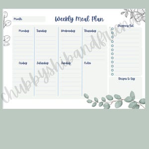 Eucalyptus Weekly Meal Planner: Printable A5 Shopping List (digital ...