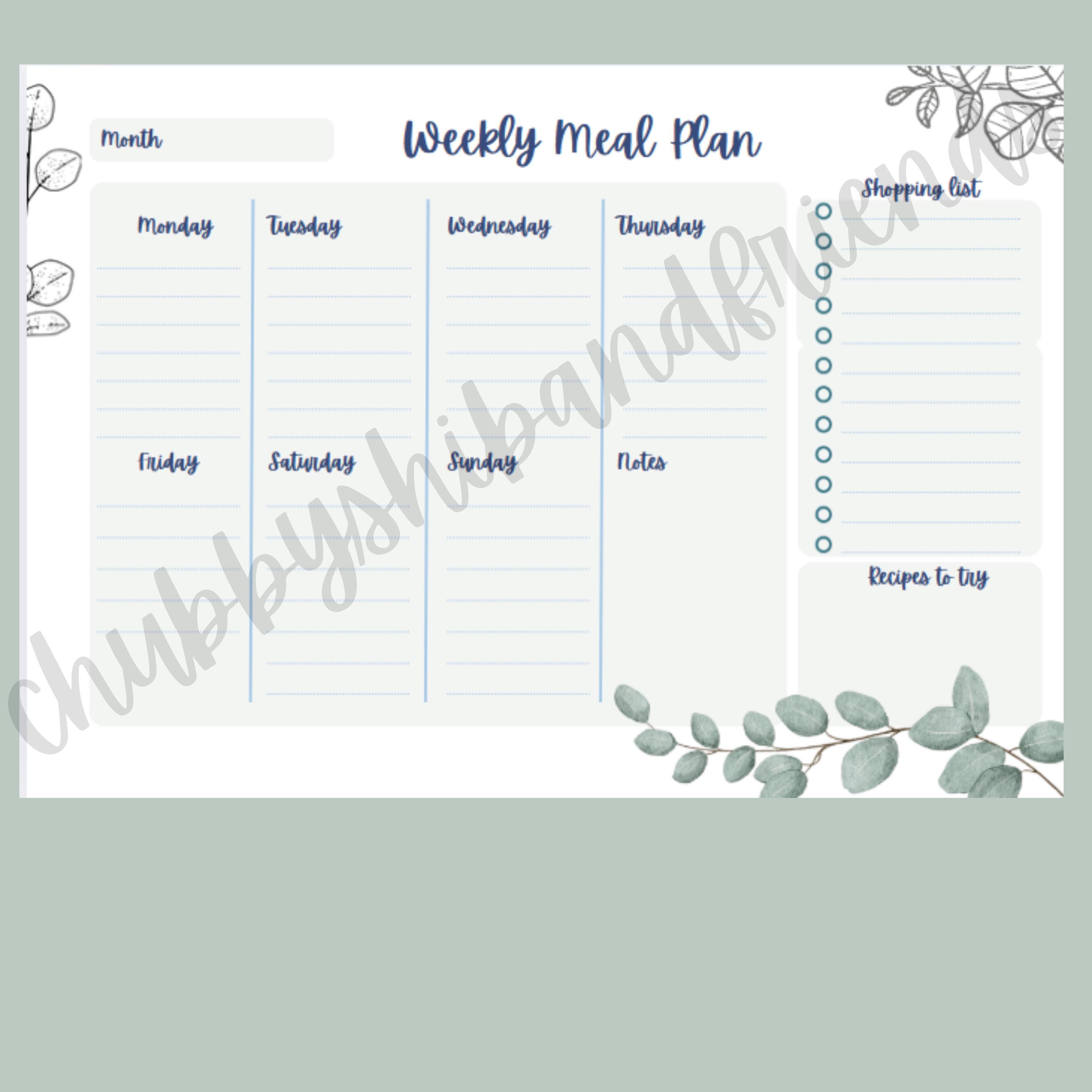 Eucalyptus Weekly Meal Planner: Printable A5 Shopping List (digital ...