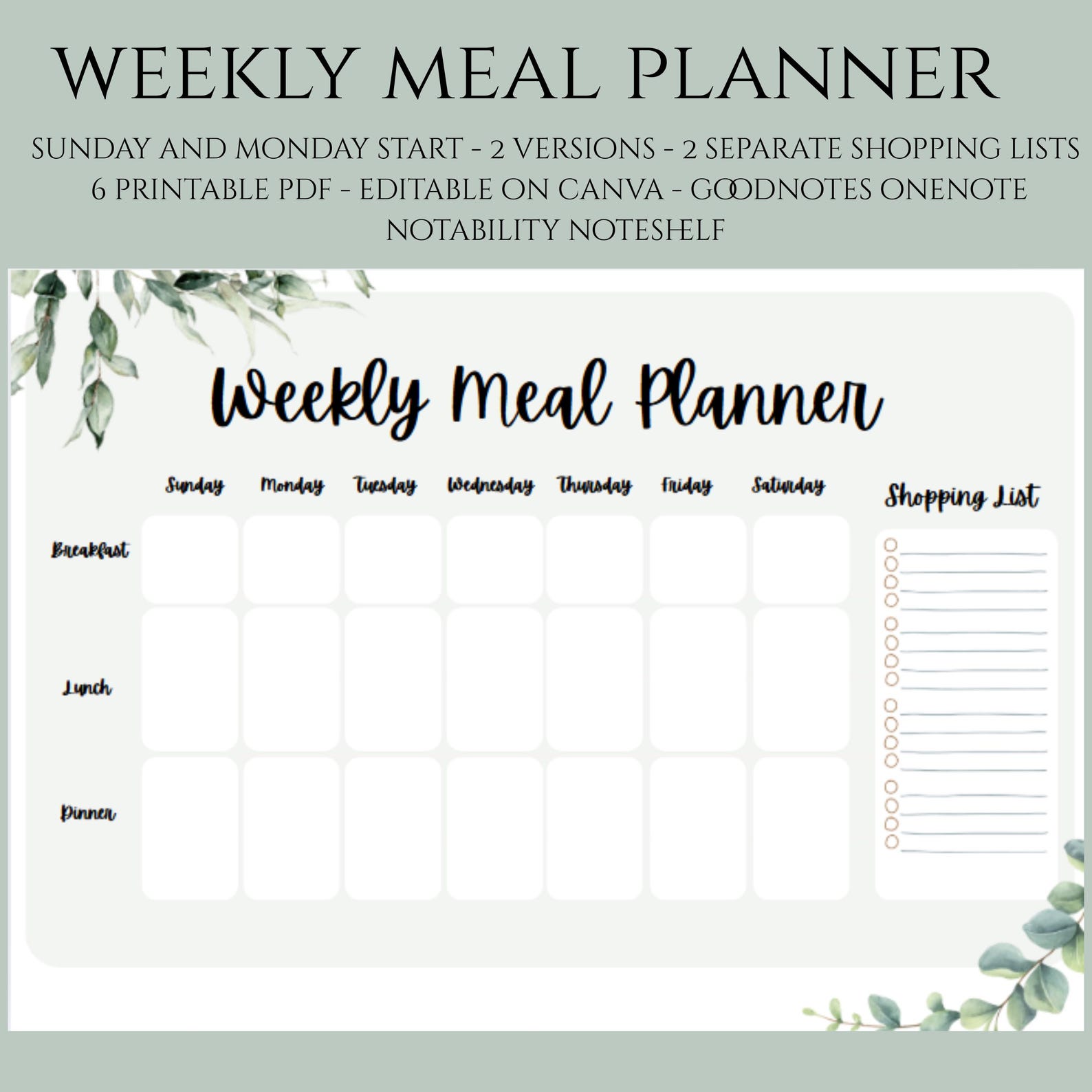 Eucalyptus Weekly Meal Planner: Printable A5 Shopping List (digital ...