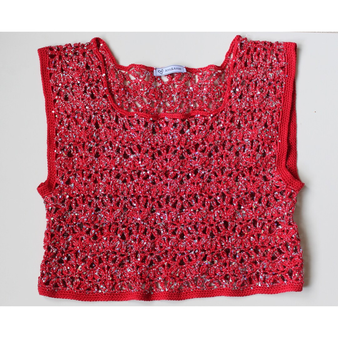 Crochet Red Sparkly Sequin Crop Top Handmade Beach Club Chic Summer ...