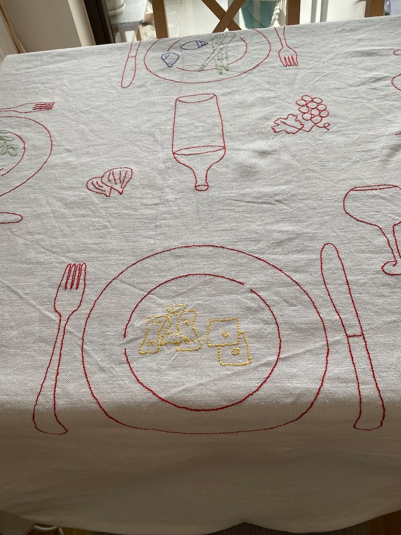 Hand Embroidered Dinner for 6 Linen Table Cloth With Plates Allocation ...