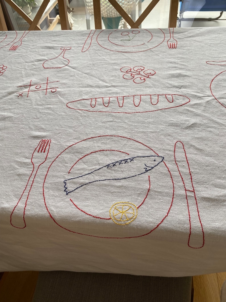 Hand Embroidered Dinner for 6 Linen Table Cloth With Plates Allocation ...