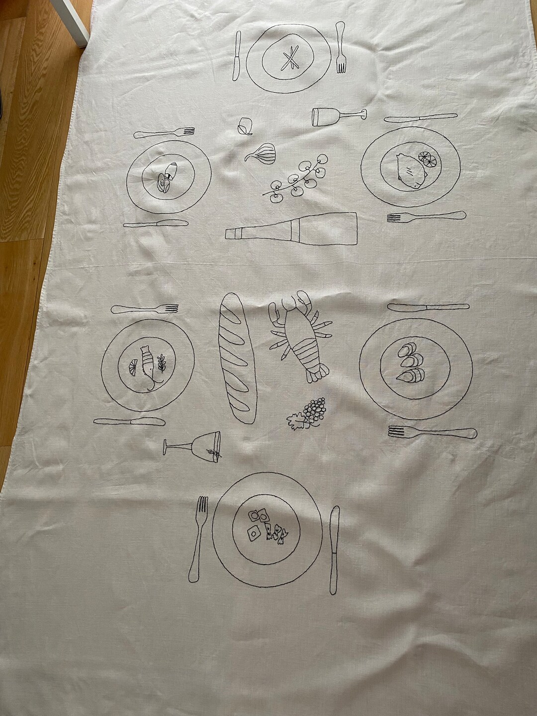 Hand Embroidered Heavy Linen Table Cloth With Plates Imaginary Dinner 6 ...