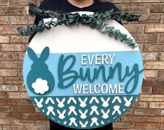 Welcome Every Bunny Wood Round Door Hanger - Etsy