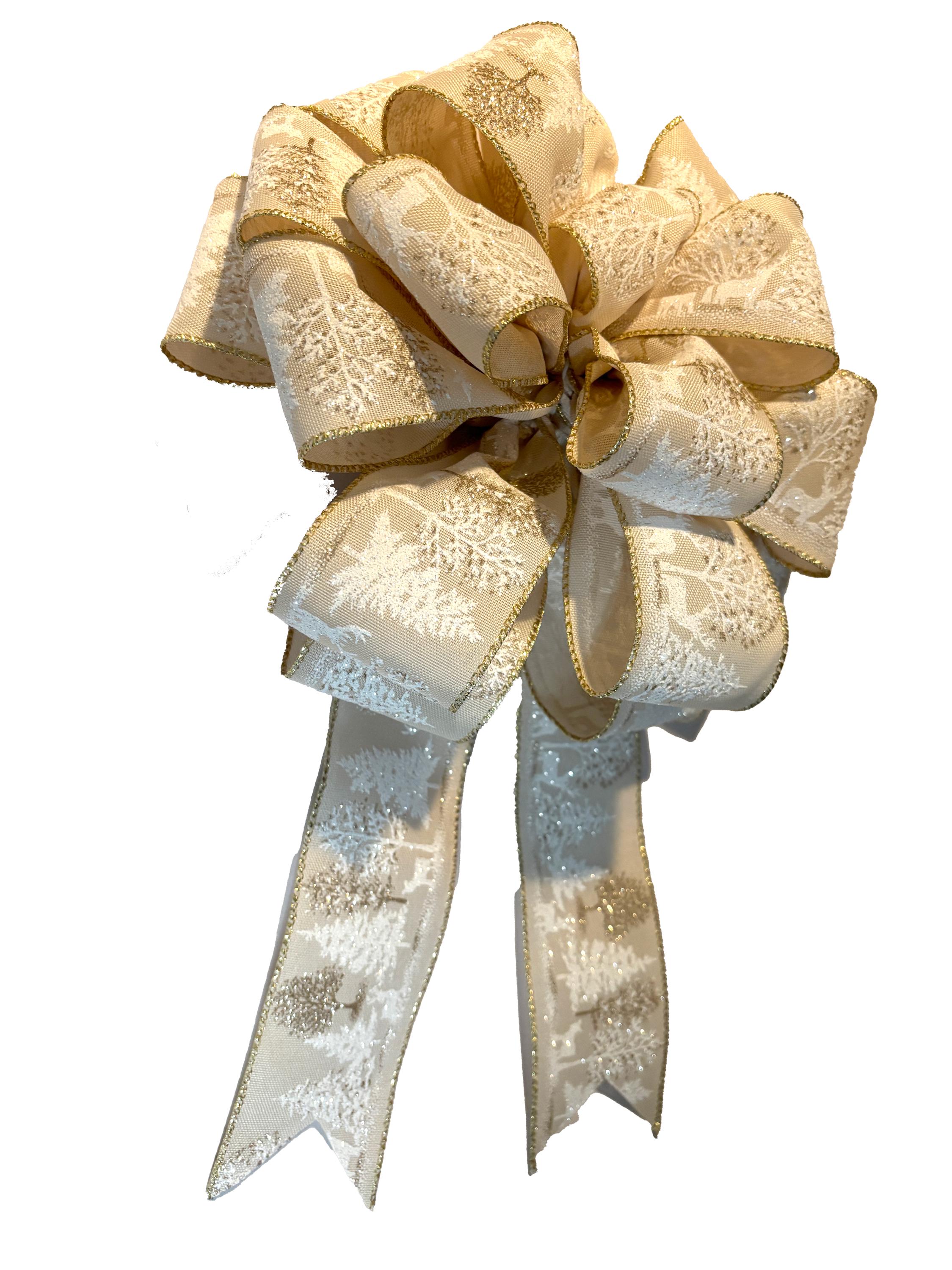 Gold and Cream Christmas Bow, Elegant Winter Wreath Bow, Reindeer and ...