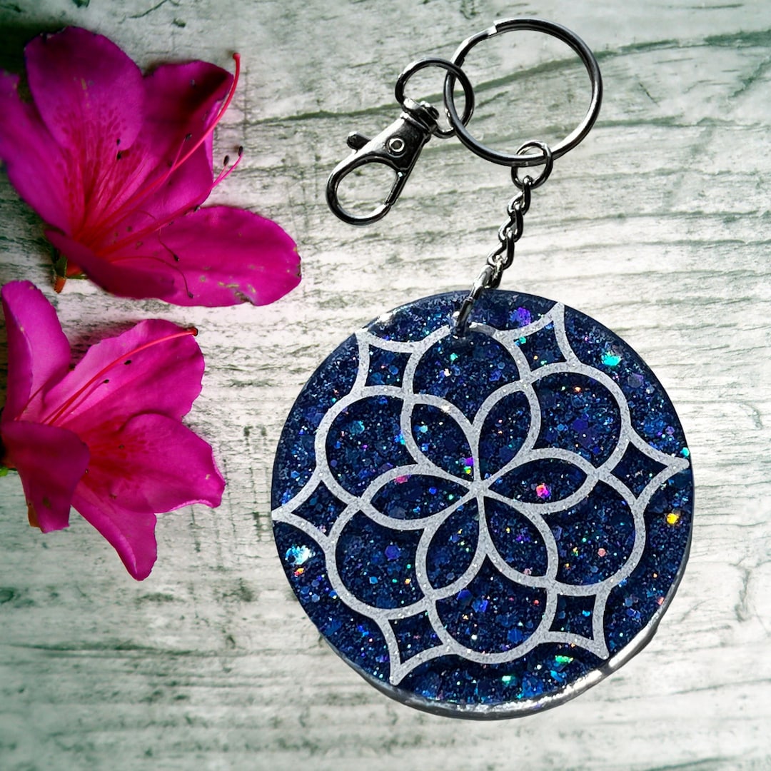 Floral Keychain Blue Glitter Keychain Mom Gift Friend Gift - Etsy