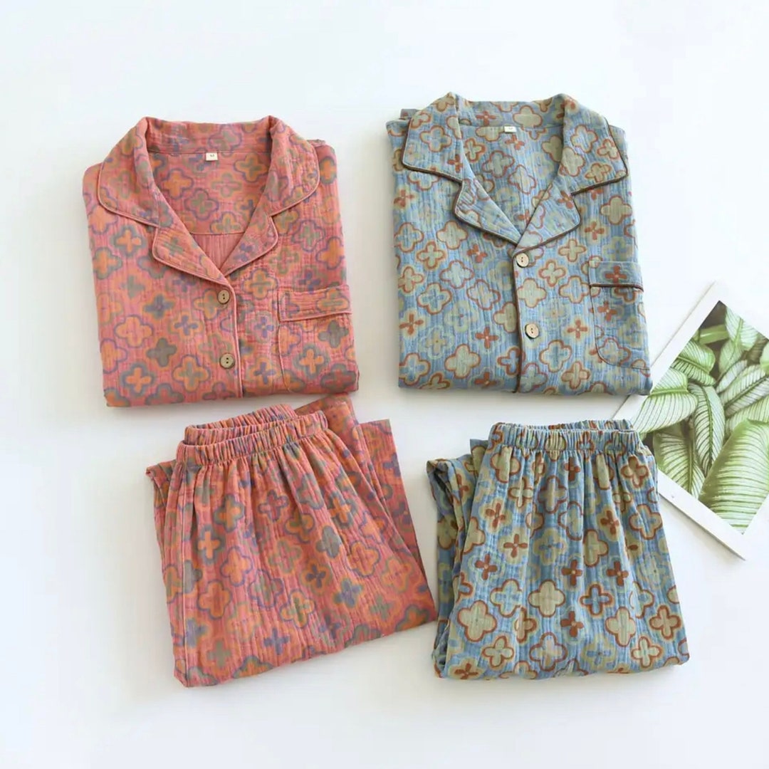 Women Comfy Night Pajama Set, 2 Piece Cotton Crepe Night Suit, Floral ...