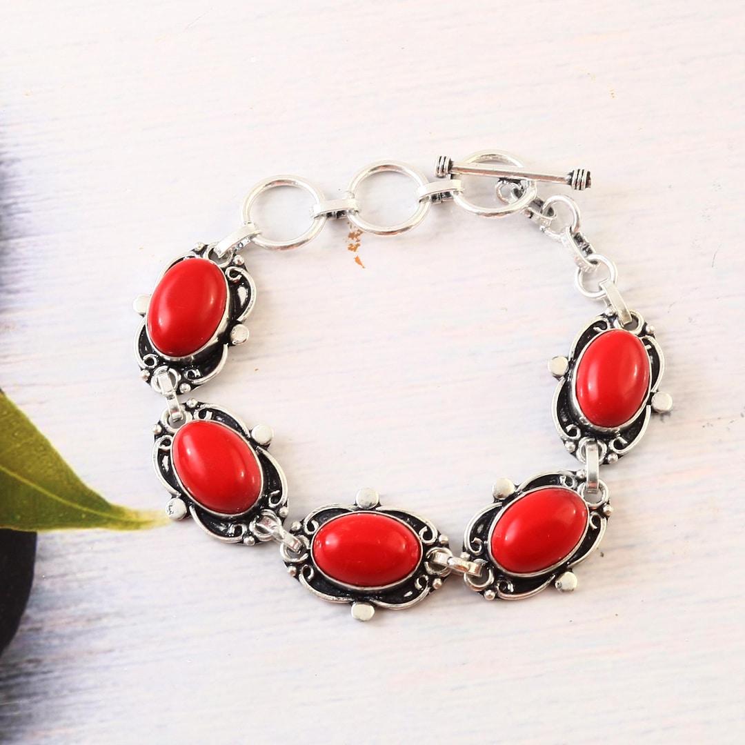 Red Coral Bracelet, Handmade Bracelet Red Gemstone Bracelet,925 ...