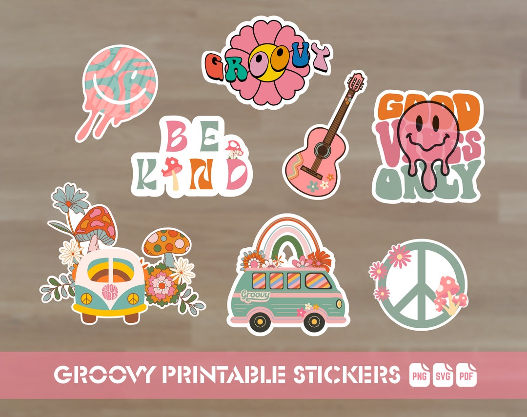 Groovy Retro Printable Stickers Png, Hippie Stickers, Svg, Pdf, Print ...