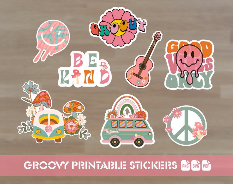 Groovy Retro Printable Stickers Png, Hippie Stickers, Svg, Pdf, Print ...