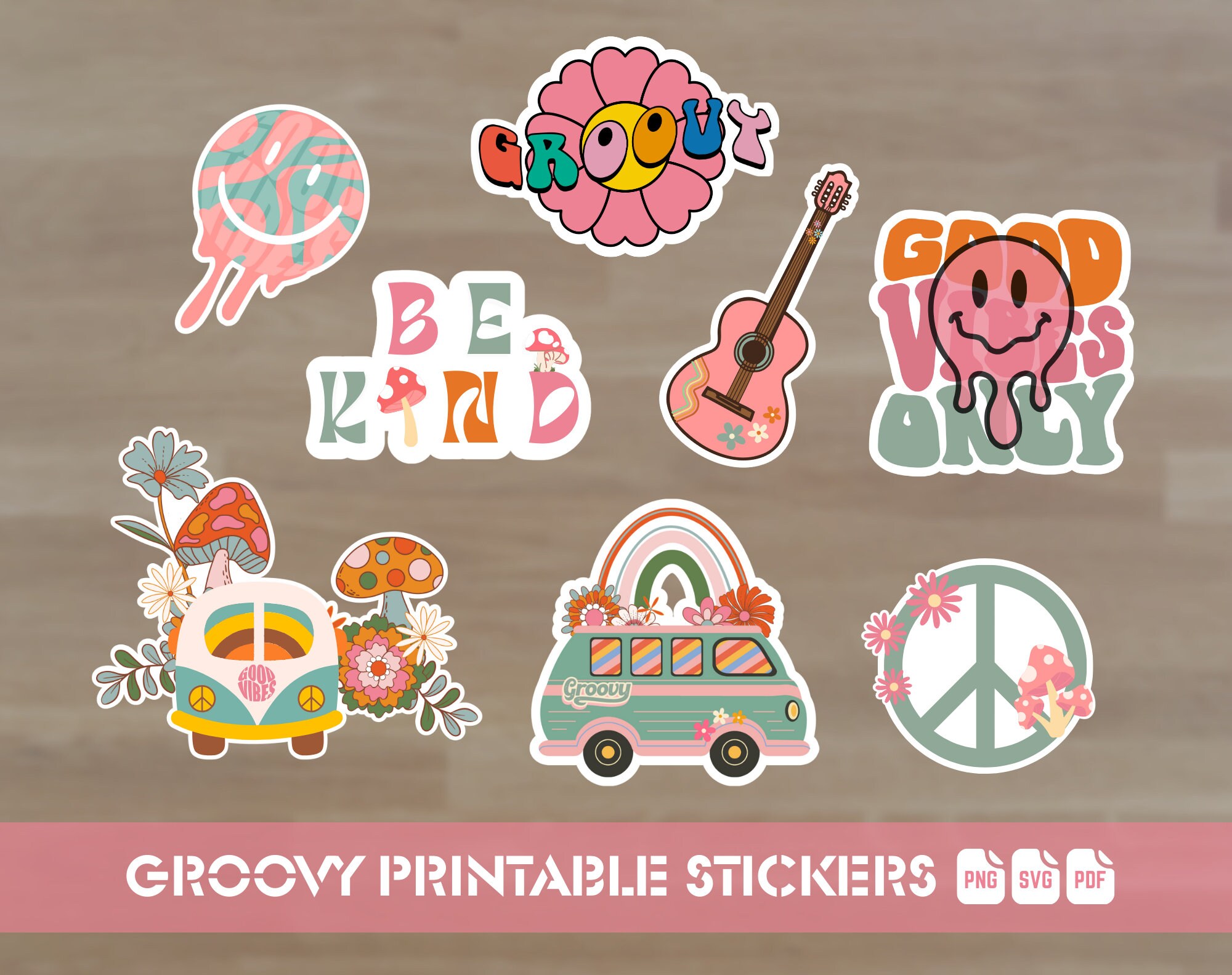 Groovy Retro Printable Stickers Png, Hippie Stickers, Svg, Pdf, Print ...