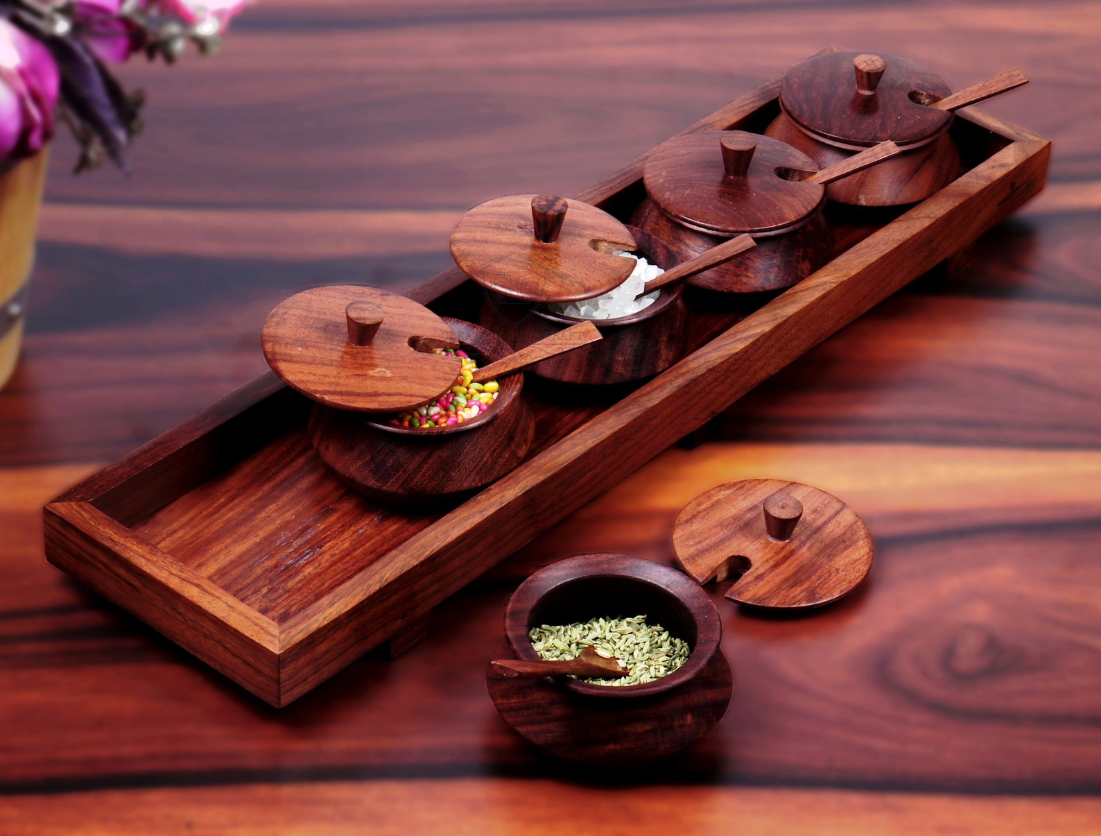 Handcrafted Wooden Tray and Jar Set Rosewood & Beechwood, 5 Jars With ...
