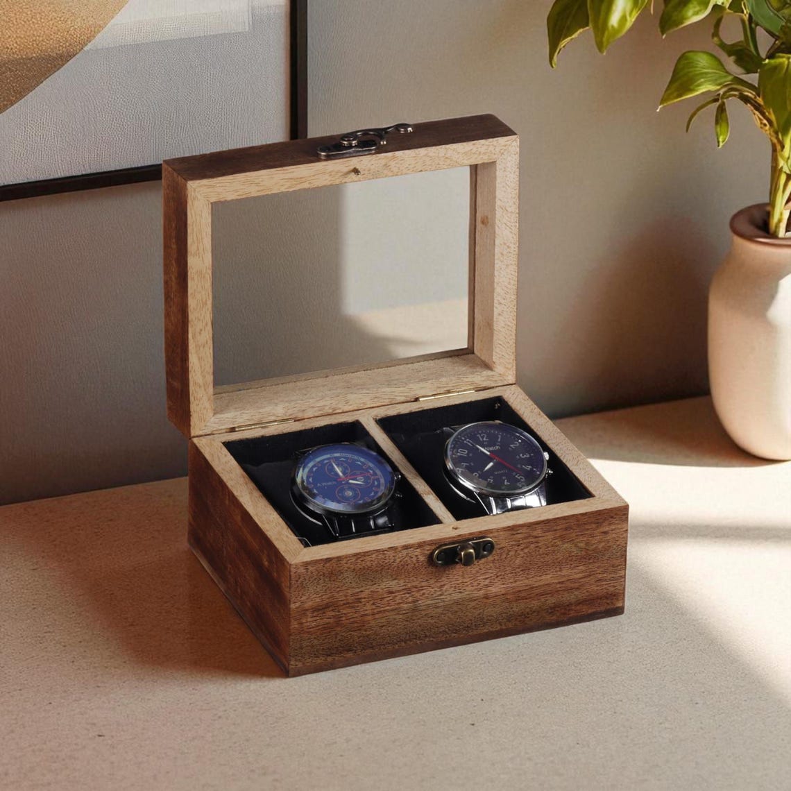 Vintage Wooden Watch Box for Men, Personalised Timepiece Display Case ...