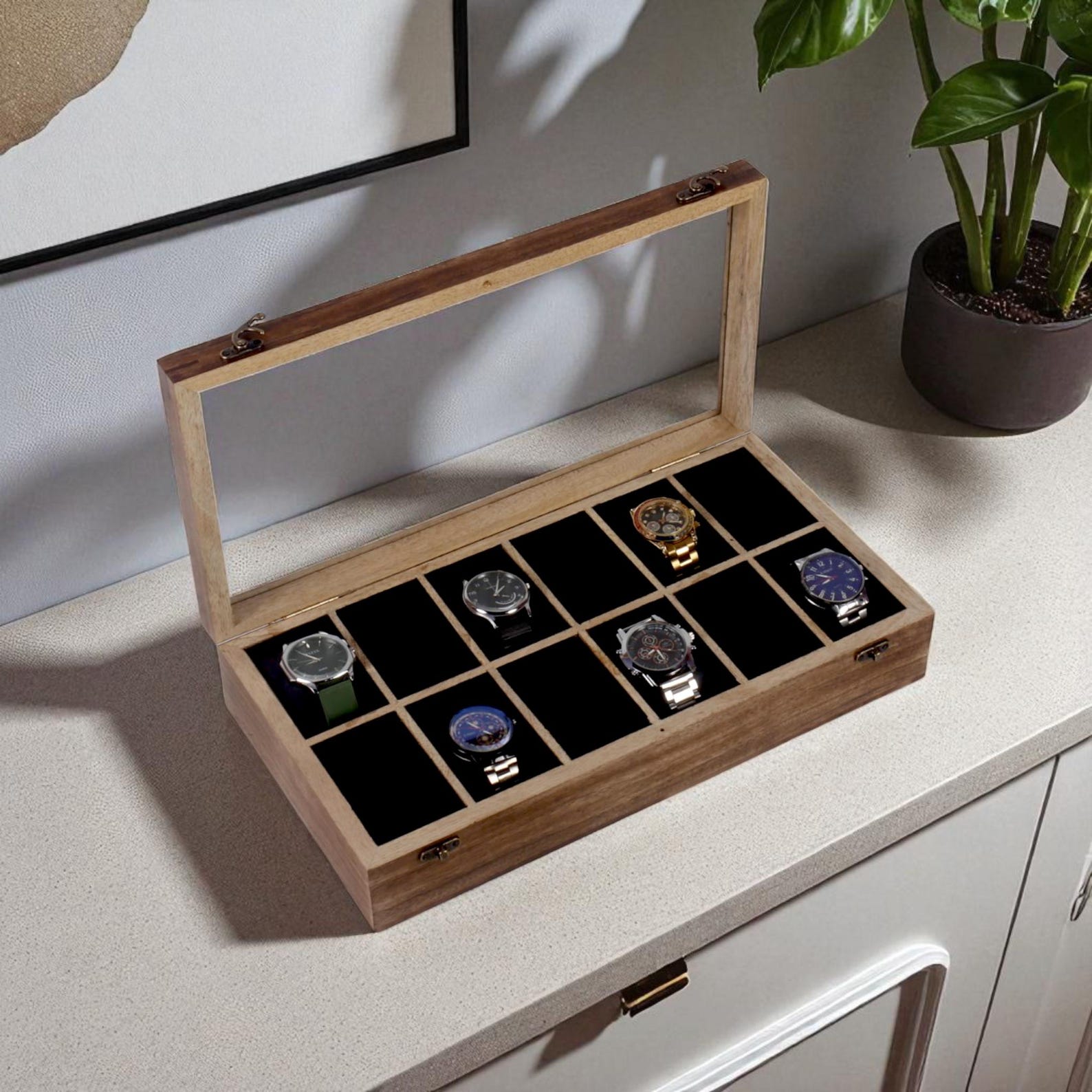 Vintage Wooden Watch Box for Men, Personalised Timepiece Display Case ...