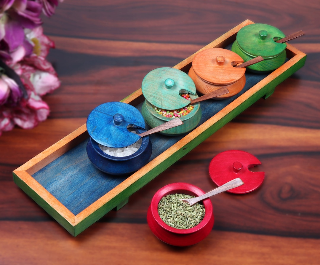 Handcrafted Wooden Tray and Jar Set Rosewood & Beechwood, 5 Jars With ...