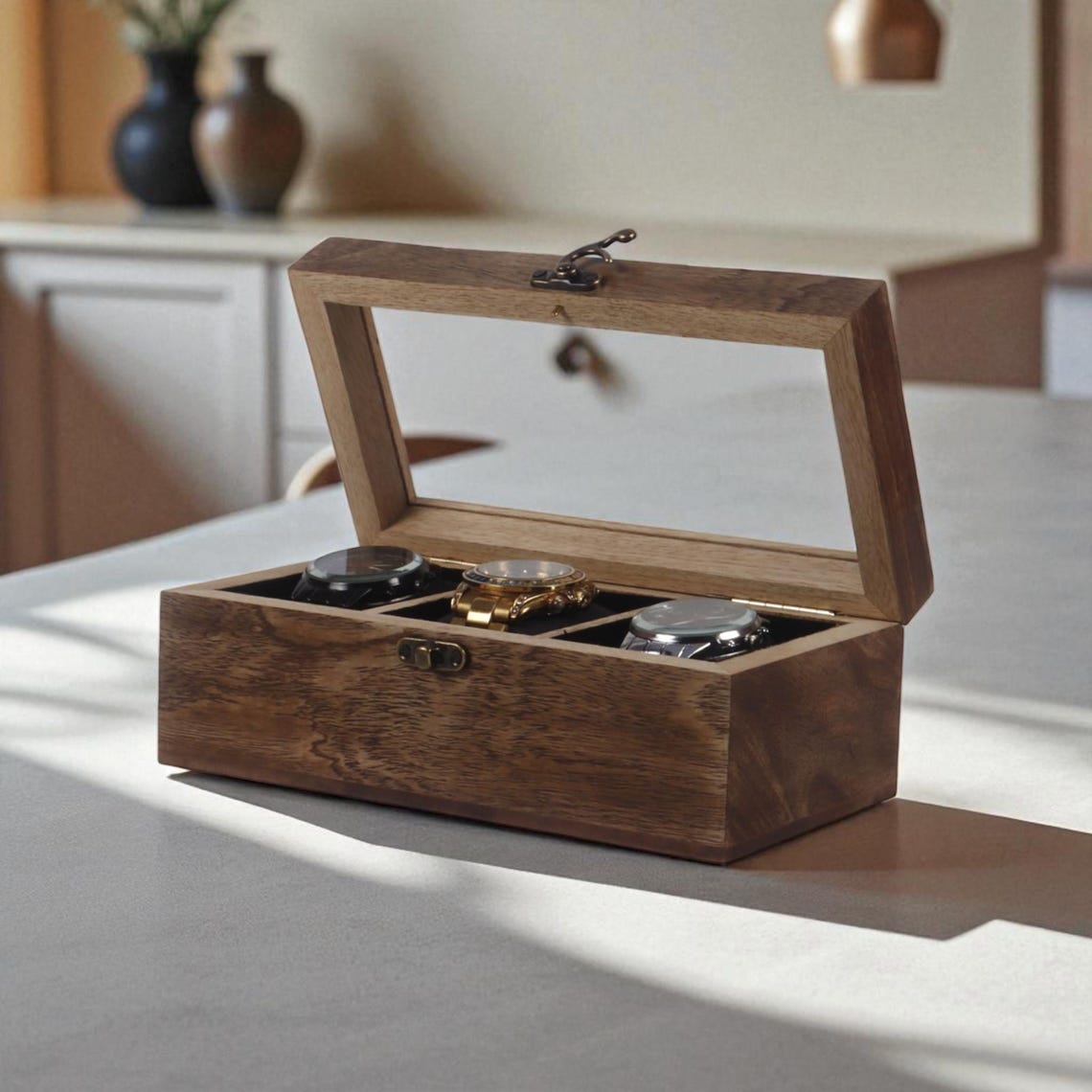 Vintage Wooden Watch Box for Men, Personalised Timepiece Display Case ...