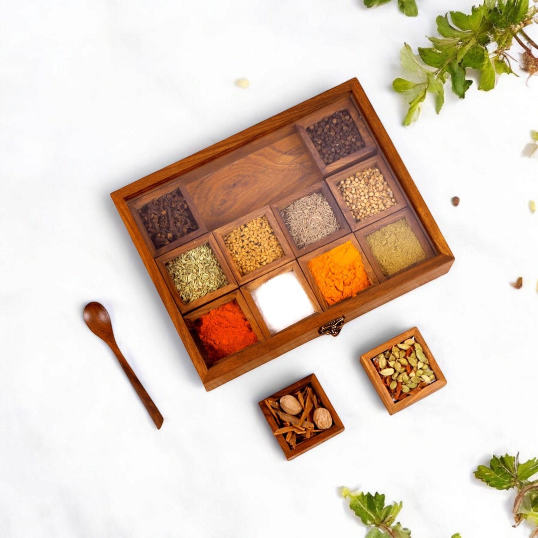 Wooden Spice Box and Spoon in Sheesham Wood, Masala Box, Spice ...