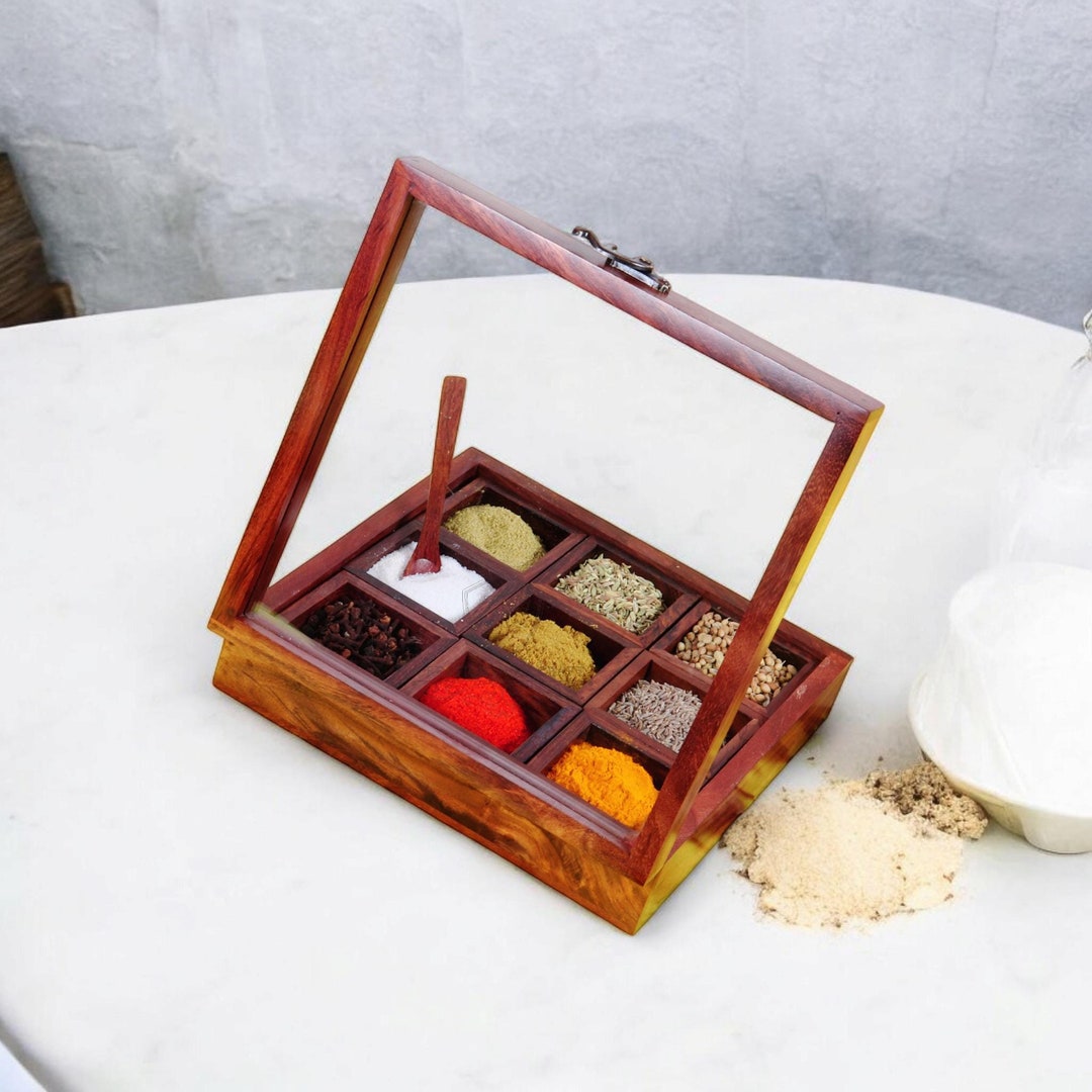 Wooden Spice Box With 9 Containers, Sheesham Wood Masala Box ...