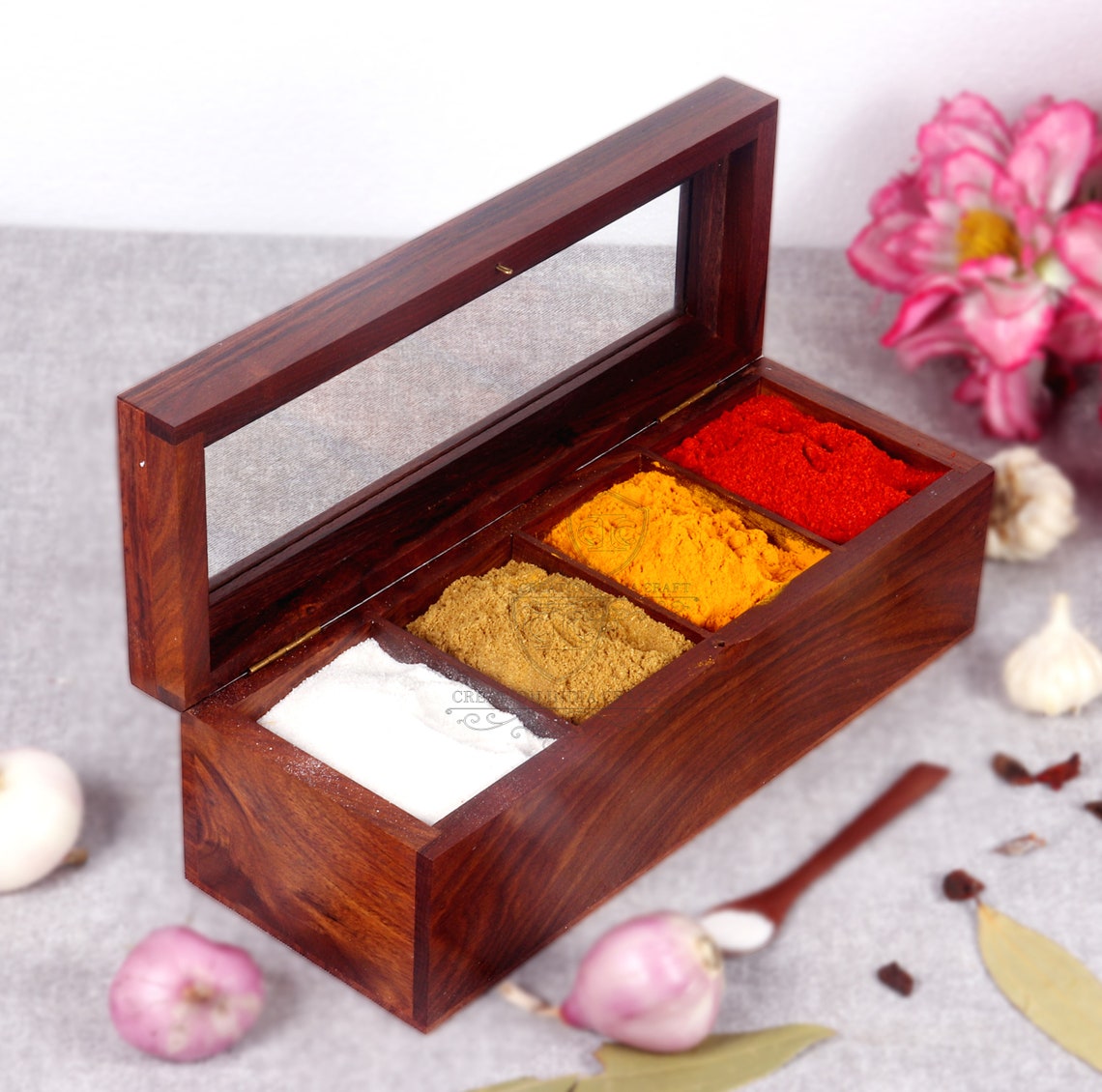 Wooden Spice Box and Spoon in Rosewood, Masala Box, Spice Container ...
