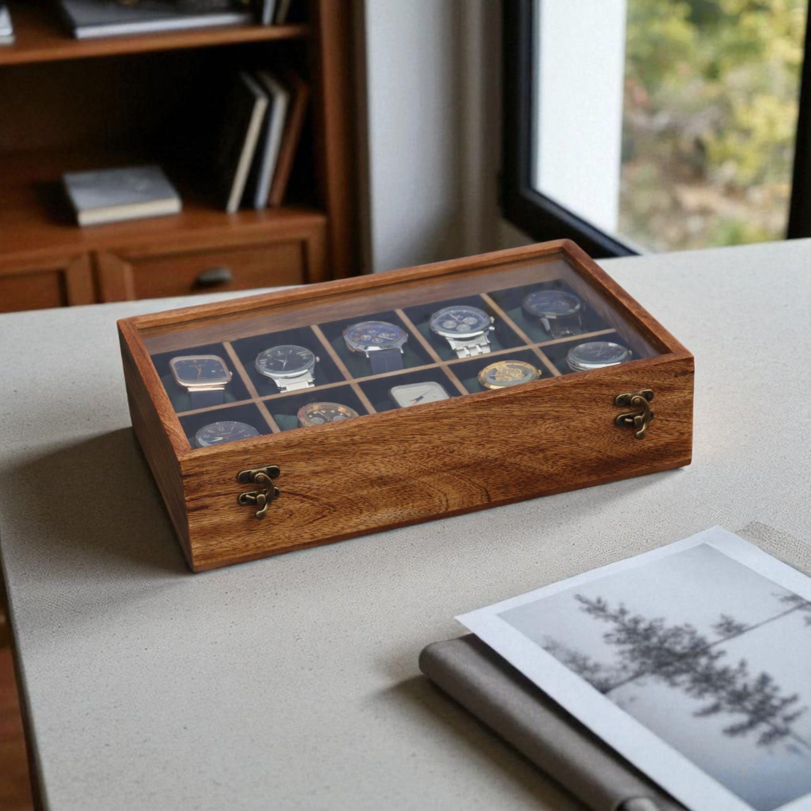 Vintage Wooden Watch Box for Men, Personalised Timepiece Display Case ...
