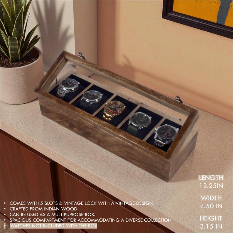Vintage Wooden Watch Box for Men, Personalised Timepiece Display Case ...