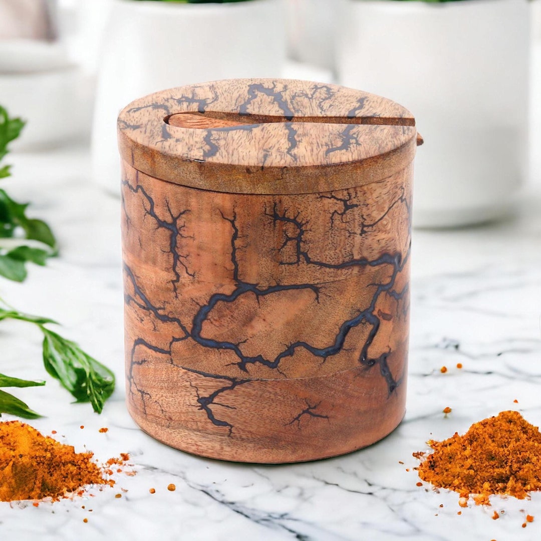 Wooden Salt & Spice Cellar With Lid and Spoon | Handmade From Natural ...