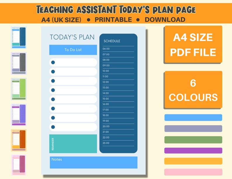 Teaching Assistant Today's Plan Page - 6 Colours - Primary or Secondary ...