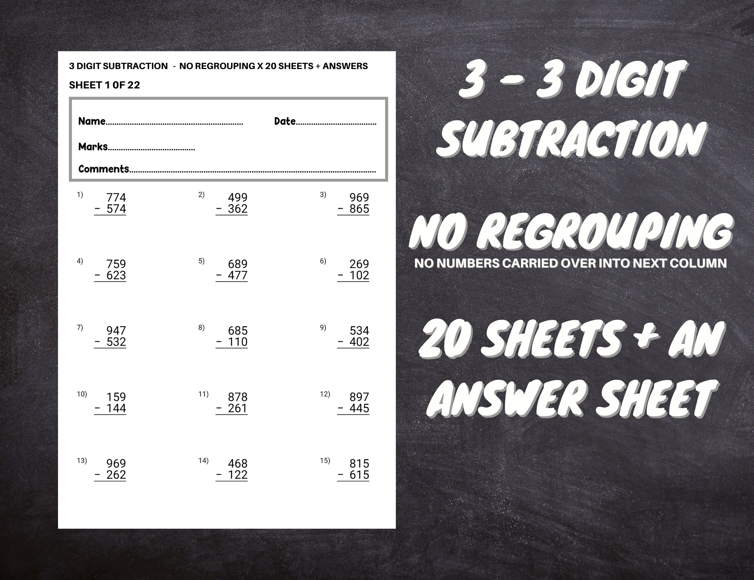1,2 and 3 Digit Subtraction No Regrouping Subtraction Worksheets ...