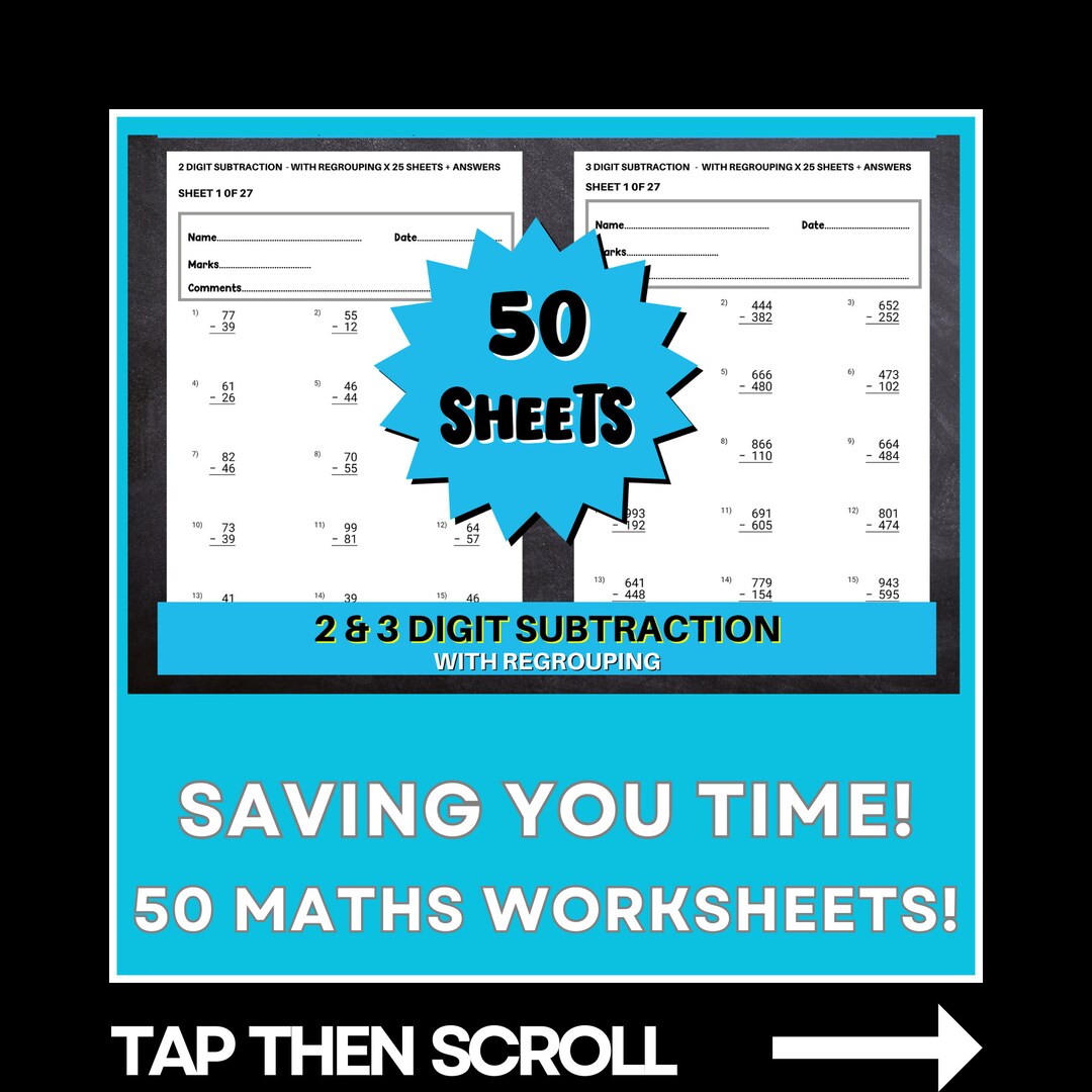 Subtraction Worksheets: 2 & 3 Digit Regrouping - 50 Sheets (PDF Pattern ...