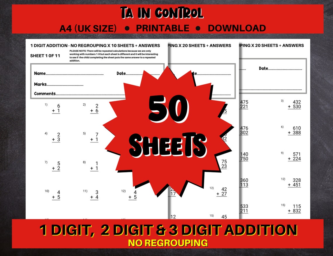 1 2 and 3 Digit Addition No Regrouping Adding Worksheets - Etsy