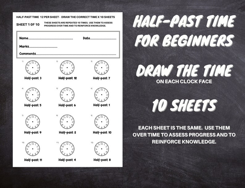Half-past Time Telling Time Worksheets Primary School TA in Control ...